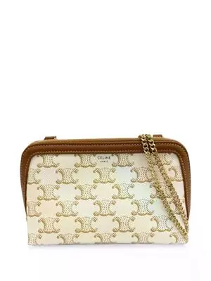 Celine 2021-2023 Triomphe Coated Canvas Clutch On Chain Crossbody Bag - White