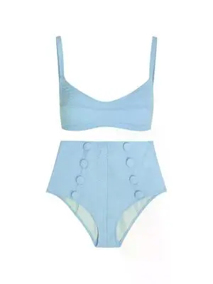 Lisa Marie Fernandez Button-embellished Seersucker Bikini - Blue