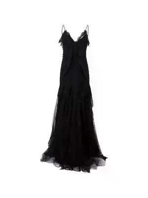 Alberta Ferretti Lace-trim Layered V-neck Flared Maxi Dress