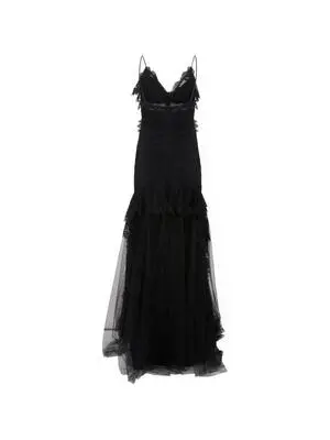 Alberta Ferretti Lace-trim Layered V-neck Flared Maxi Dress