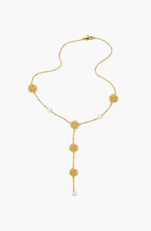 YOJ Long Lariat Necklace With Rose Motifs And Pearls - Gold