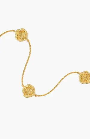 YOJ Long Lariat Necklace With Rose Motifs And Pearls
