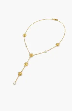 YOJ Long Lariat Necklace With Rose Motifs And Pearls