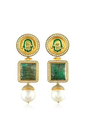 AMRAPALI 18k Yellow Gold Emerald, Pearl, And Diamond Earrings - Green
