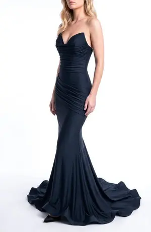 JESSICA ANGEL Ruched Cowl Neck Mermaid Gown With Train - Black