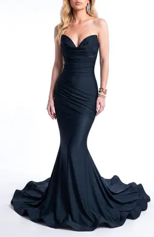 JESSICA ANGEL Ruched Cowl Neck Mermaid Gown With Train - Black