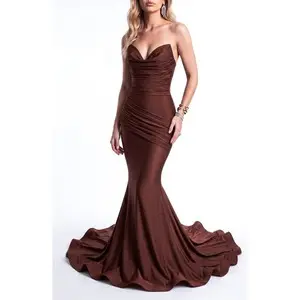 JESSICA ANGEL Ruched Cowl Neck Mermaid Gown With Train Brown