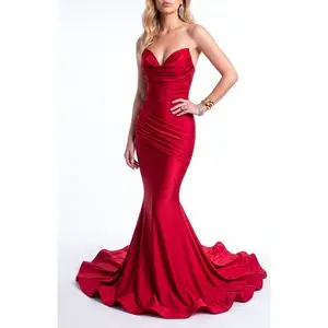JESSICA ANGEL Ruched Cowl Neck Mermaid Gown With Train Red