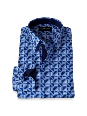 PAUL FREDRICK Cotton Point Collar Pinpoint Tailored Contrast Trim Button Cuff Long Sleeve Blue