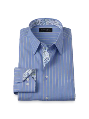 PAUL FREDRICK Cotton Point Collar Pinpoint Tailored Contrast Trim Button Cuff Long Sleeve - Blue/yellow