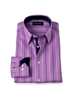 PAUL FREDRICK Cotton Point Collar Pinpoint Tailored Contrast Trim Button Cuff Long Sleeve - Purple
