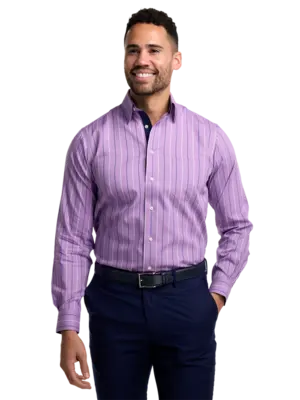 PAUL FREDRICK Cotton Point Collar Pinpoint Tailored Contrast Trim Button Cuff Long Sleeve - Purple