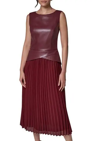 Donna Karan New York Faux Leather & Pleated Dress - Blk Cherry
