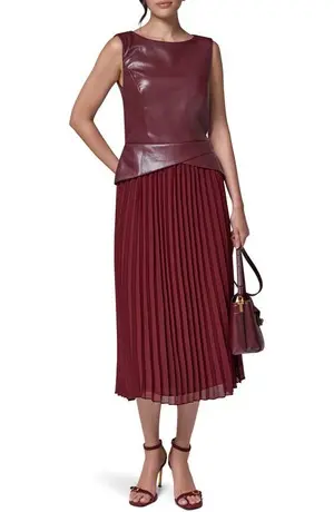 Donna Karan New York Faux Leather & Pleated Dress - Blk Cherry