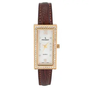 PEUGEOT Luxury Rectangular Crystal Bezel Leather Watch- 35x20mm - Brown