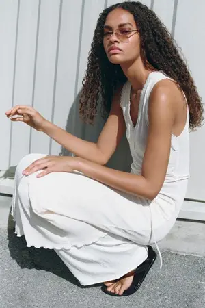 H&M Sleeveless Lace-trimmed Maxi Dress With Tie Belt - Cream