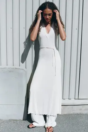 H&M Sleeveless Lace-trimmed Maxi Dress With Tie Belt