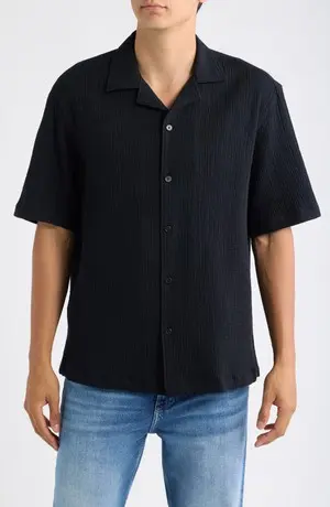 BOSS Lars Relaxed Fit Seersucker Camp Shirt - Black