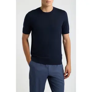 BOSS Virgin Wool Fine Knit Short Sleeve Sweater - Dark Blue