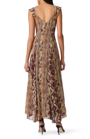 Steve Madden Estela Maxi Dress With Snakeskin Print And Ruffled Cap Sleeves