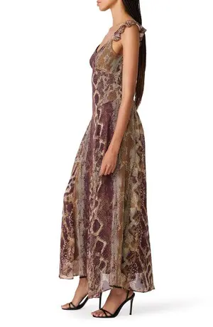 Steve Madden Estela Maxi Dress With Snakeskin Print And Ruffled Cap Sleeves