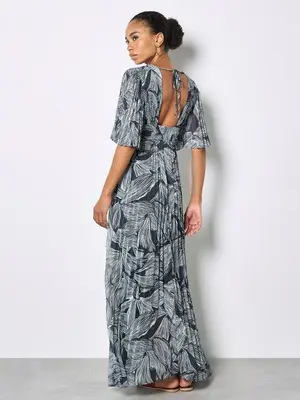 APRICOT Floral Chiffon Pleat Maxi Dress With Metallic Shimmer And V-neck