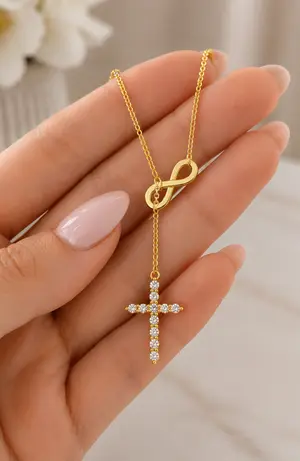 DLORIA Infinity Cross Lariat Necklace In Sterling With Cubic Zirconia - Gold