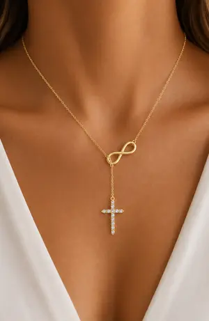 DLORIA Infinity Cross Lariat Necklace In Sterling With Cubic Zirconia - Gold