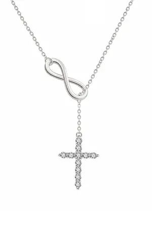 DLORIA DLORIA Infinity Cross Lariat Necklace In Sterling Silver With Cubic Zirconia Silver