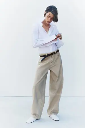 H&M Baggy Regular-waist Barrel Jeans - Light Beige
