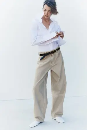 H&M Baggy Regular-waist Barrel Jeans - Light Beige