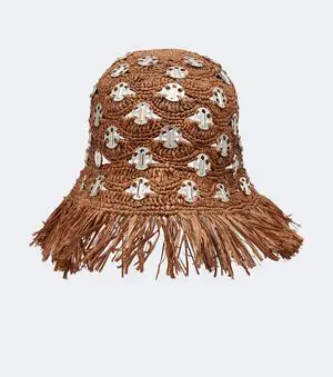 Rabanne Fringed Studded Raffia Bucket Hat - Brown