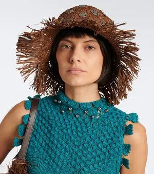 Rabanne Fringed Studded Raffia Bucket Hat