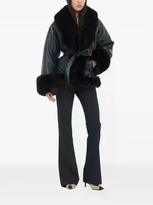 ROTATE BY BIRGER CHRISTENSEN Bonded Leather Jacket With Faux Fur Trim - Black