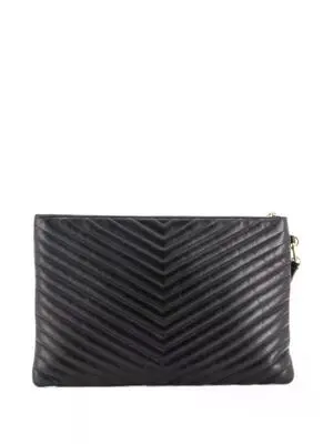 Saint Laurent Classic Monogram Wristlet Pouch Matelasse Chevron Leather Large Clutch Bag - Black