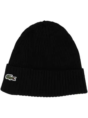 Lacoste Rib Knit Brushed Wool Beanie - Black