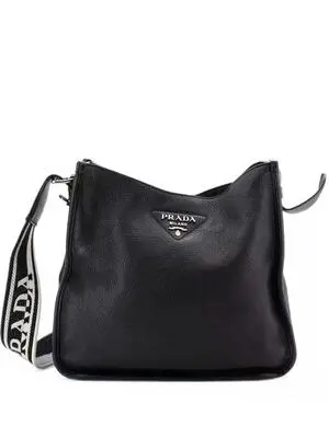 PRADA Logo Strap Leather Medium Hobo Bag