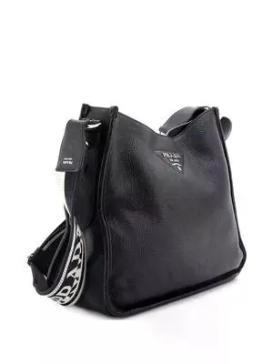 Prada Logo Strap Leather Medium Hobo Bag - Black