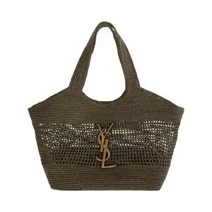 Saint Laurent Icare Raffia Tote Bag With Logo Detail - Green