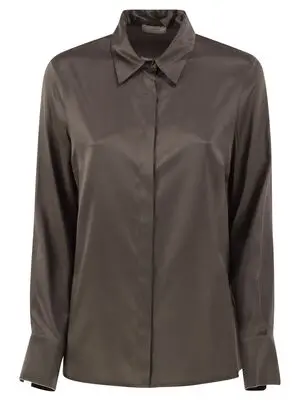 Peserico Stretch Silk Shirt With Concealed Button Fastening - Brown