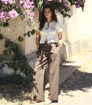 DÔEN Yvette Silk Satin Lace Button-up Blouse - Candlelight