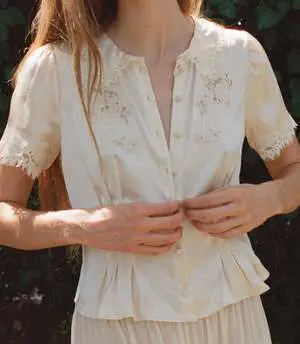 DÔEN Yvette Silk Satin Lace Button-up Blouse - Candlelight