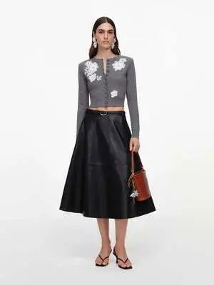 SELF-PORTRAIT Floral Appliqué Snap-front Wool-blend Cardigan With Removable Shoulder Pads