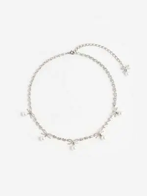 SELF-PORTRAIT Crystal And Faux Pearl Bow Necklace - Argento