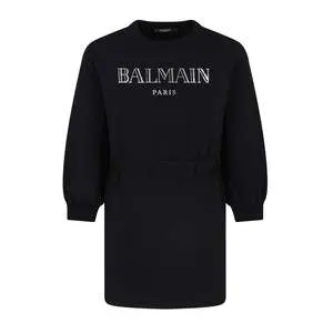 Balmain Long Sleeve Cotton Drawstring Jersey Dress - Black/silver