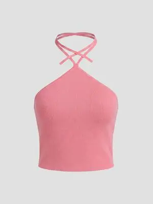 LAMIA LAGHA Knit Crop Top With Criss-cross Halter Neckline