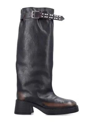 MIISTA Studded Buckle Knee-high Boots - Marrone