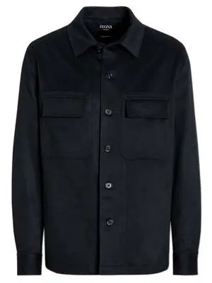 Zegna 100% Cashmere Button-front Shirt With Elbow Patches & Flap Chest Pockets