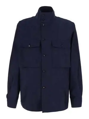 Bottega Veneta Cotton-silk High-neck Shirt With Chest Pockets And Relaxed Fit - Blu