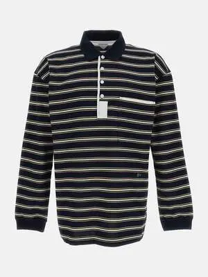 Bottega Veneta Long-sleeve Striped Piqué Polo Shirt With Chest Pocket - Blu